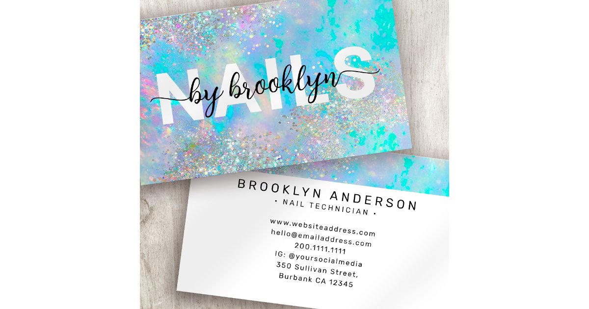 Opal Holographic Glitter Script Nail Artist Business Card | Zazzle