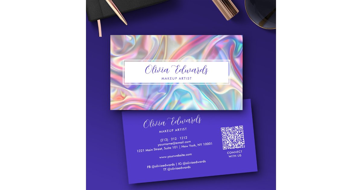 Opal Iridescent Script Violet QR Code Business Card | Zazzle