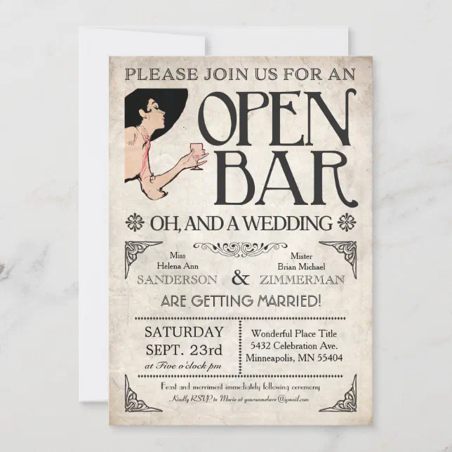 Open Bar and a Wedding Invitations | Zazzle