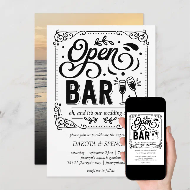 Open Bar (and Wedding) | Simple Casual Photo Invit Invitation | Zazzle