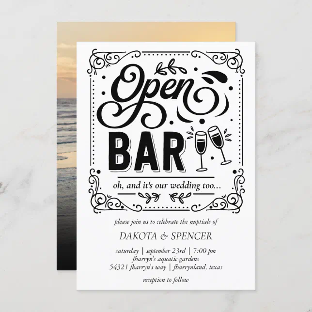 Open Bar (and Wedding) | Simple Casual Photo Invit Invitation | Zazzle