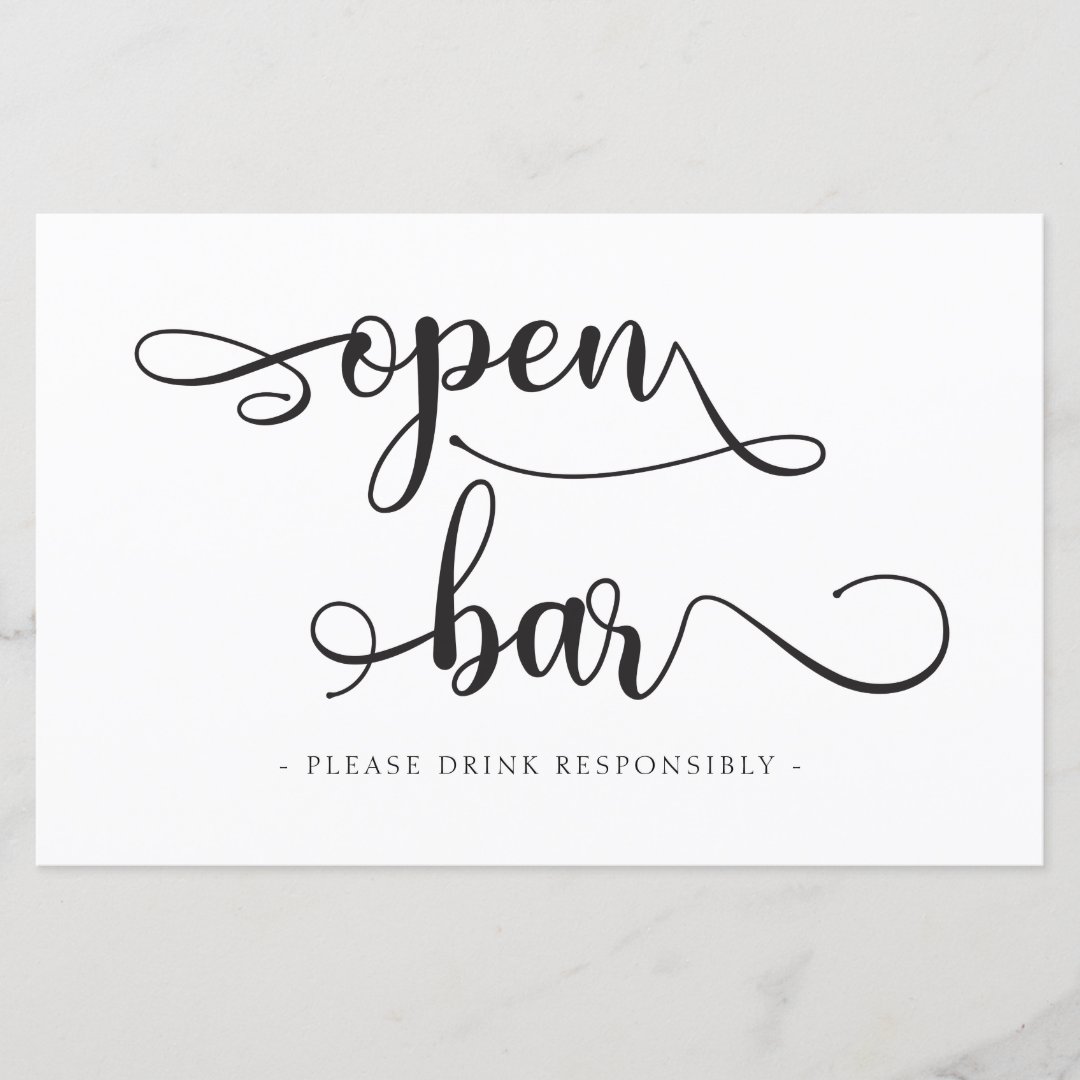 "Open Bar" Black White drinks Wedding Sign | Zazzle