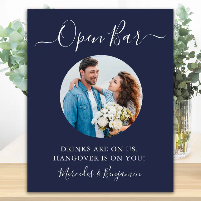 Open Bar Custom Photo Navy Blue Wedding Drinks Poster | Zazzle
