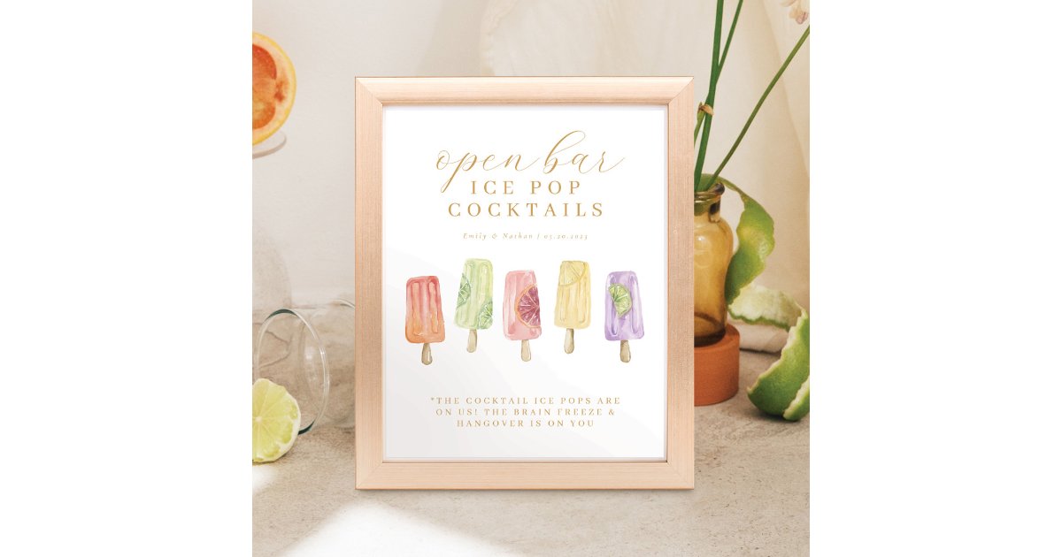 Open Bar Ice Pop Cocktails Watercolor Ice Pop Menu Poster | Zazzle