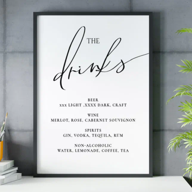 Open bar Menu The Drinks wedding sign Poster | Zazzle