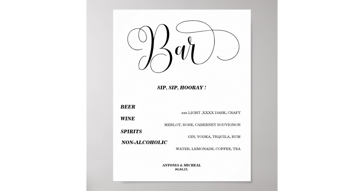 Open bar Menu wedding sign Poster | Zazzle