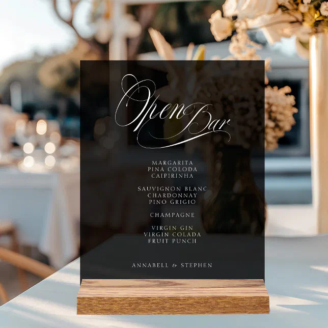 Open Bar! Modern, Calligraphy, Black, Wedding Acrylic Sign | Zazzle
