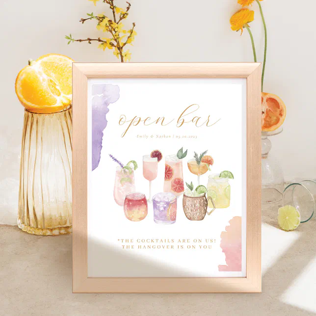 Open Bar Watercolor Citrus Cocktails Wedding Drink Poster | Zazzle