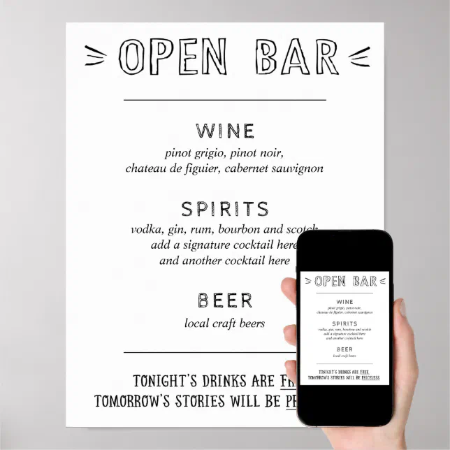 Open Bar | Wedding Bar Menu Sign | Zazzle
