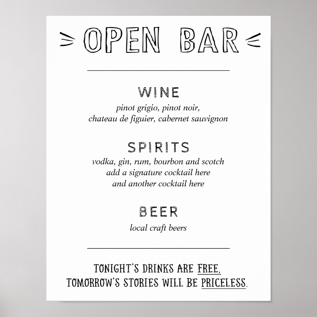 Open Bar | Wedding Bar Menu Sign | Zazzle