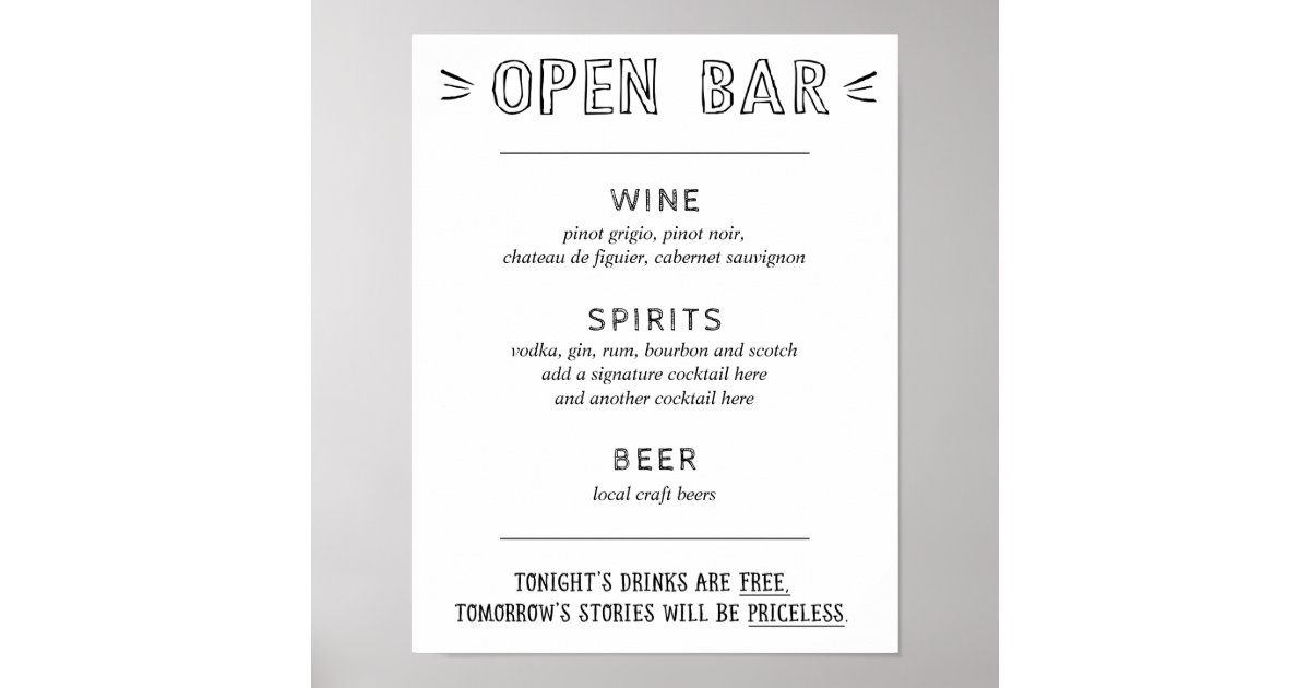Open Bar | Wedding Bar Menu Sign | Zazzle