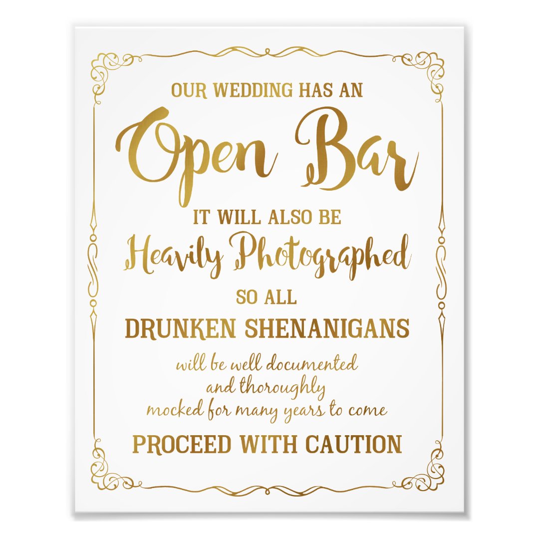 Open bar wedding sign gold glitter, wedding poster | Zazzle
