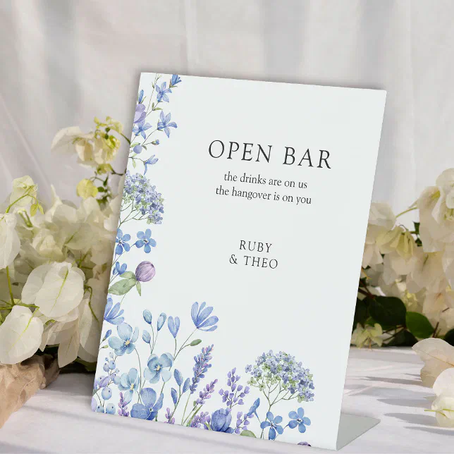 Open Bar Wildflower Periwinkle Floral Wedding Pedestal Sign | Zazzle