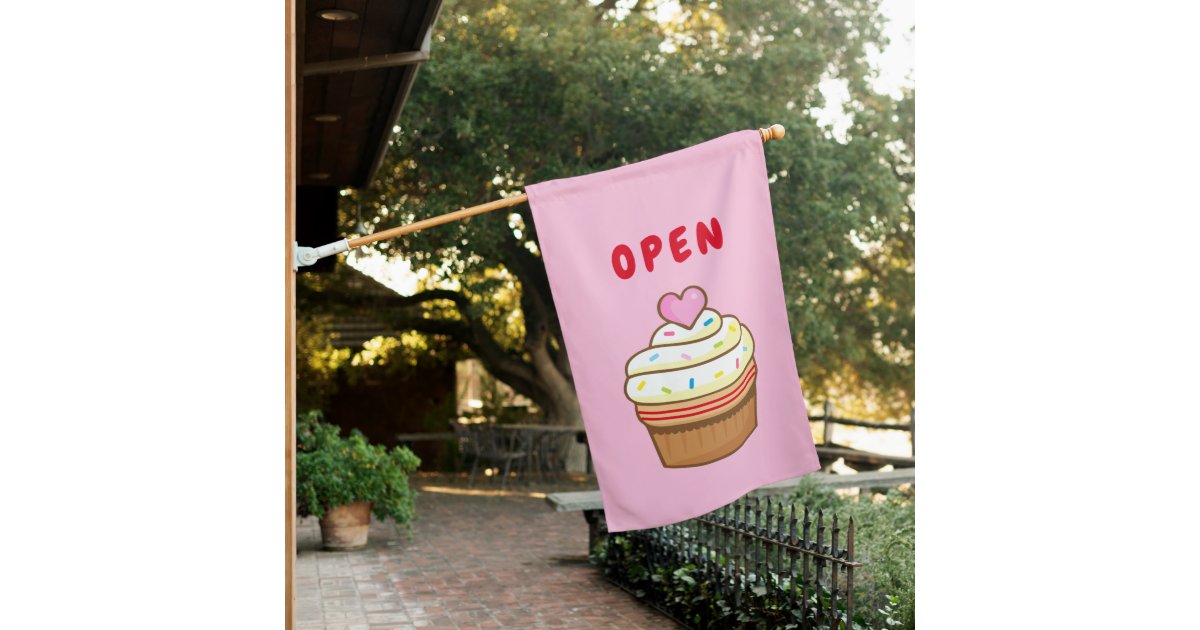 OPEN cupcake bakery garden flag | Zazzle