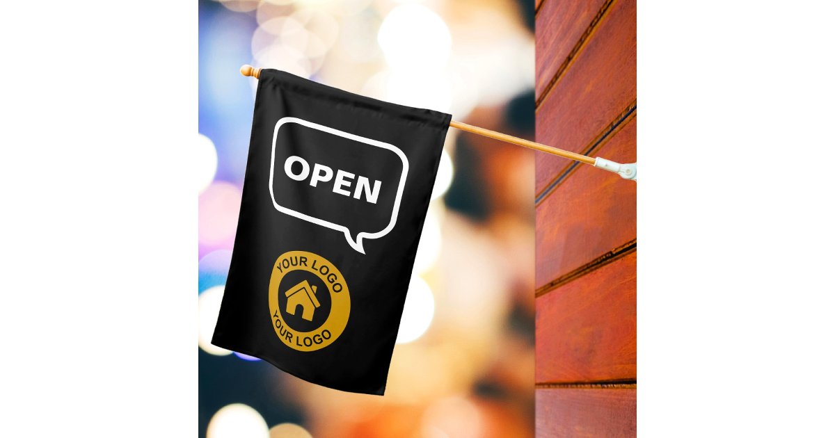 Open Custom Business Logo Text Black House Flag | Zazzle