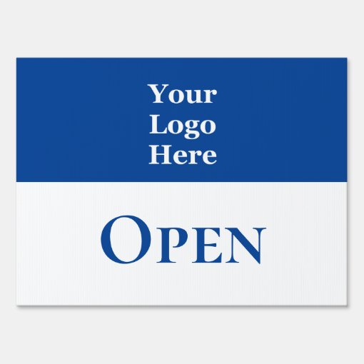 Open Deep Blue and White Your Logo Here Sign | Zazzle