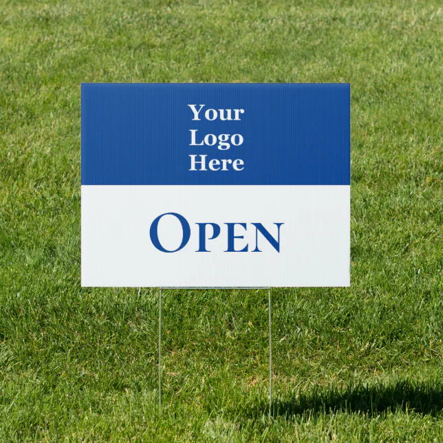 Open Deep Blue and White Your Logo Here Sign | Zazzle
