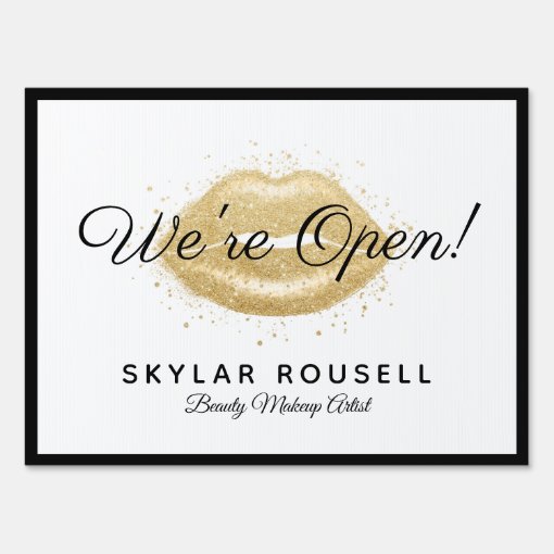Open For Business Gold Black Beauty Lips Makeup Sign | Zazzle