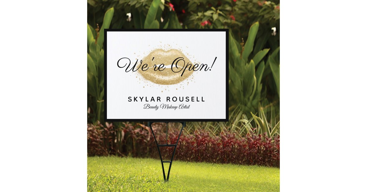 Open For Business Gold Black Beauty Lips Makeup Sign | Zazzle
