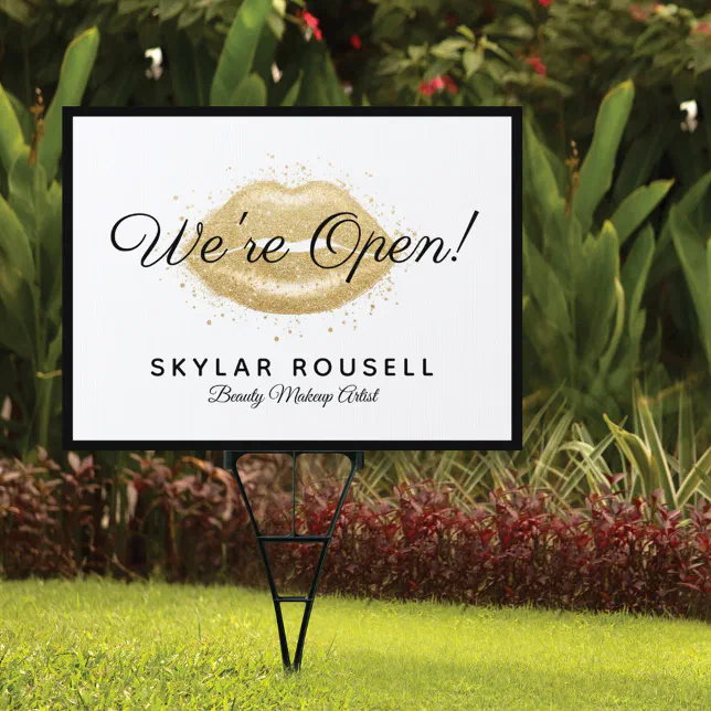 Open For Business Gold Black Beauty Lips Makeup Sign | Zazzle