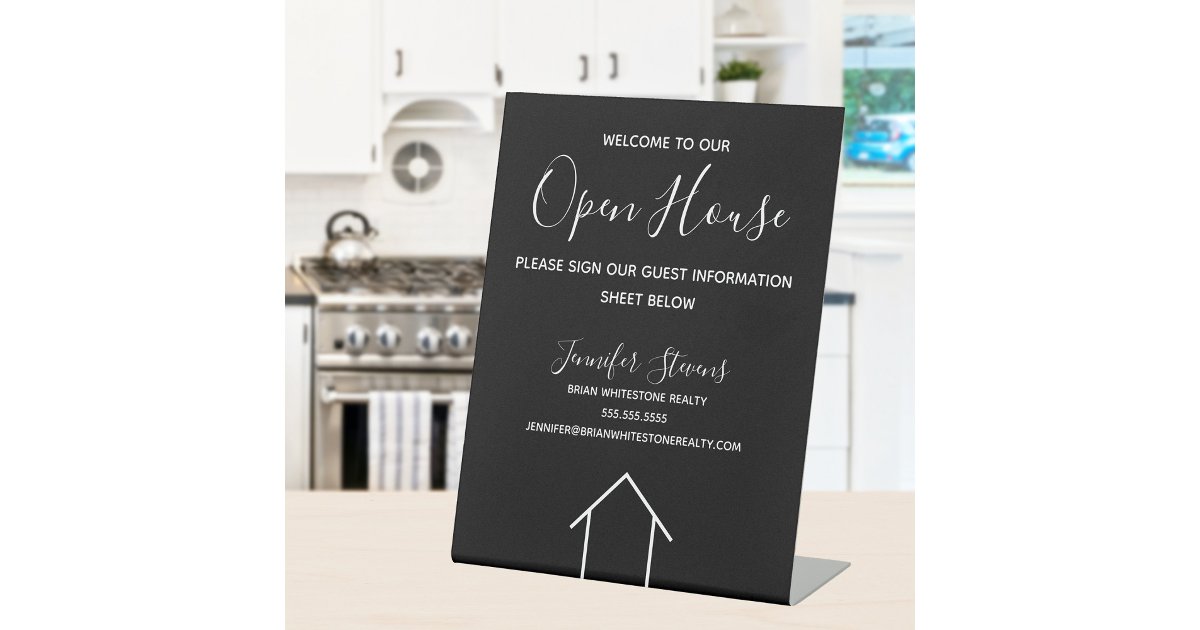 Open House Black White Real Estate Agent Custom Pedestal Sign | Zazzle