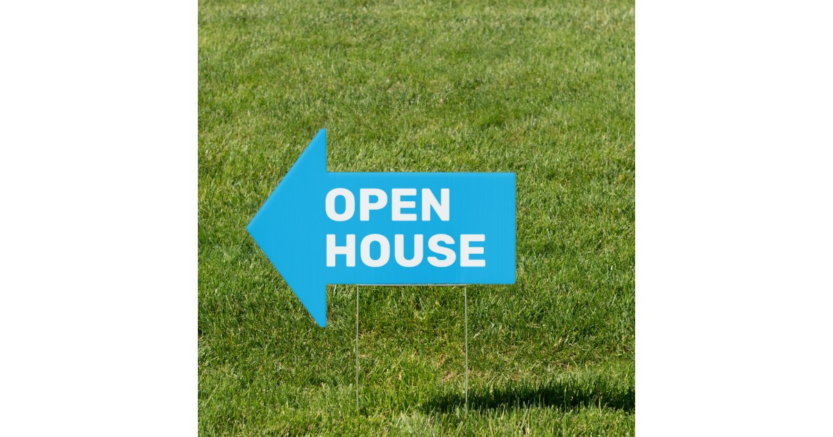 Open House bold white text on blue Arrow Sign | Zazzle