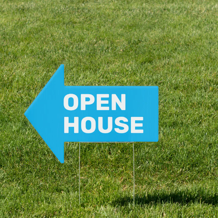 Open House bold white text on blue Arrow Sign | Zazzle