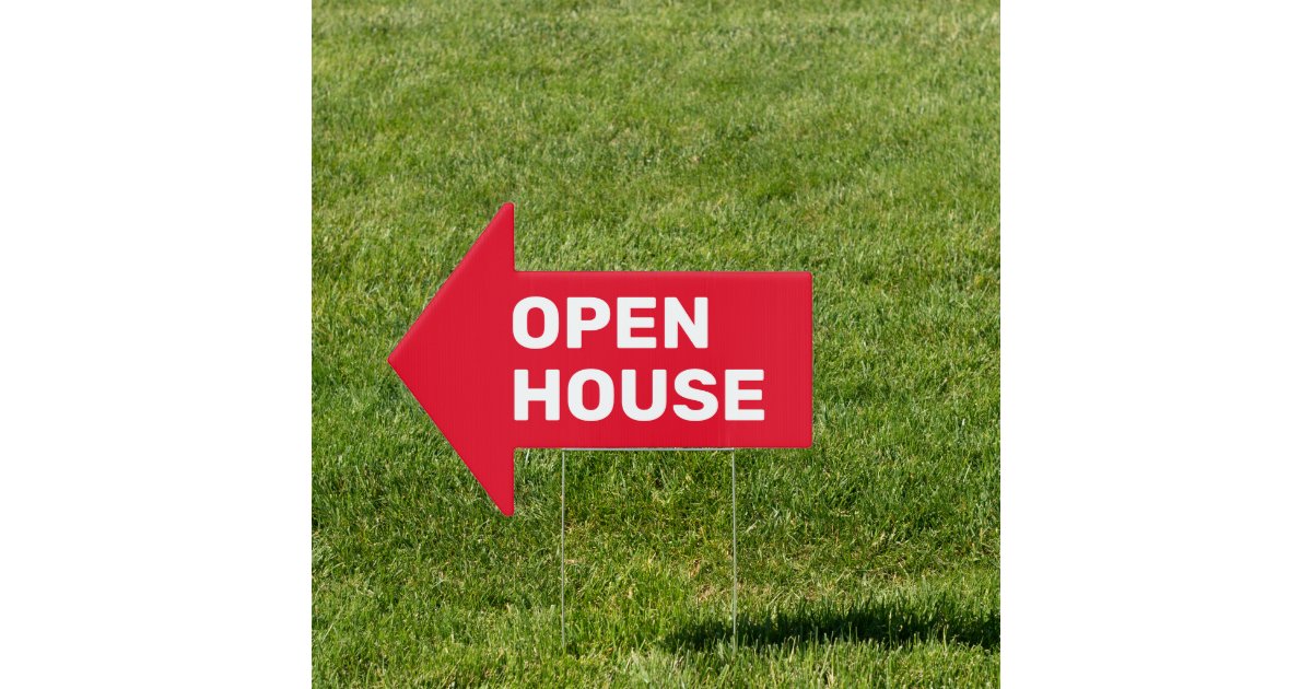 Open House bold white text on red Arrow Sign | Zazzle