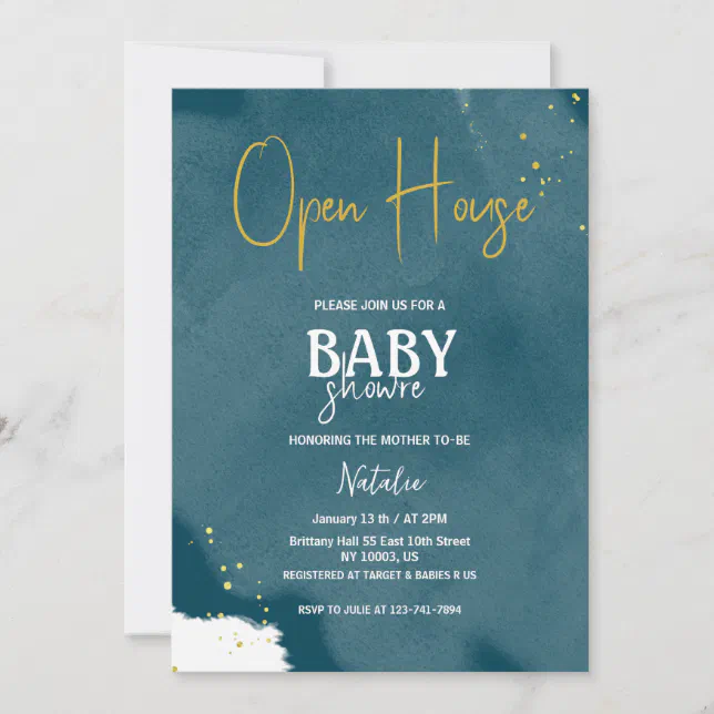 open house navy blue sprinkle gold baby shower invitation | Zazzle