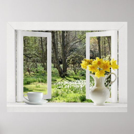 Open Window onto Woodland Scene with Daffodils Poster | Zazzle