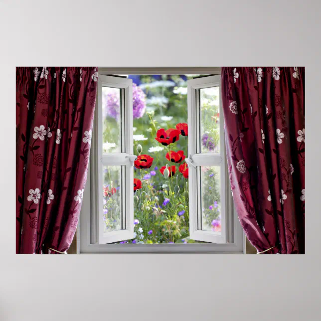 Open window view onto wild flower garden poster | Zazzle