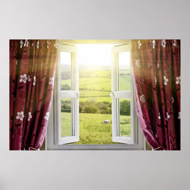 Open window with countryside view and sunlight str poster | Zazzle
