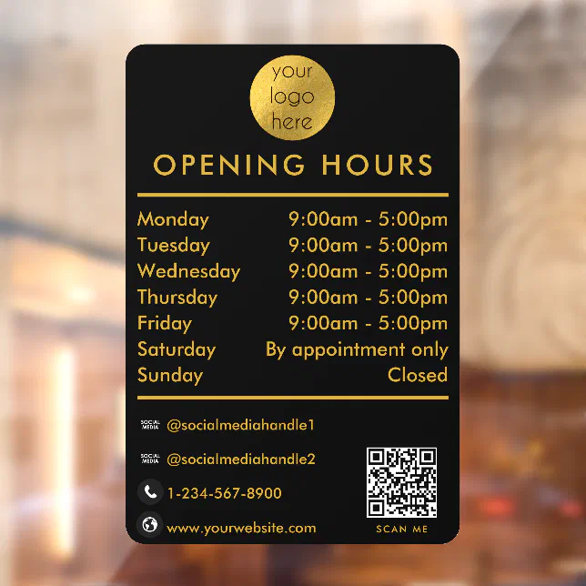 Opening Business Hours Times Logo Black Gold Window Cling | Zazzle