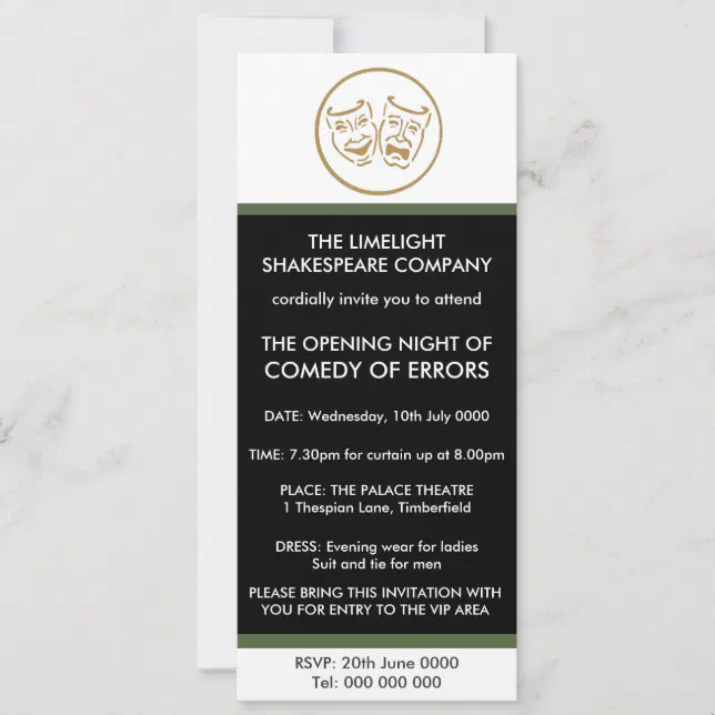 Opening or Closing Night Drama Masks Invitation | Zazzle