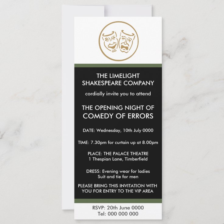 Opening or Closing Night Drama Masks Invitation | Zazzle