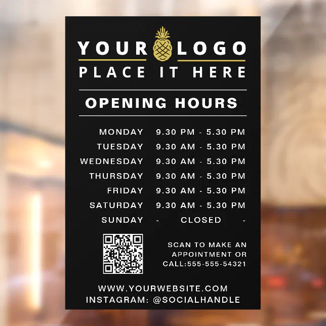 Opening Times Business Logo Hours QR Code Black Window Cling | Zazzle