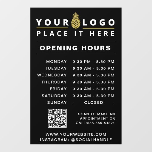 Opening Times Business Logo Hours QR Code Black Window Cling | Zazzle