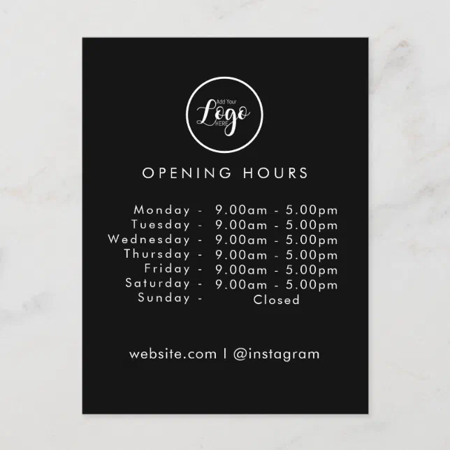 Opening Times | Business Logo Opening Hours Black Postcard | Zazzle