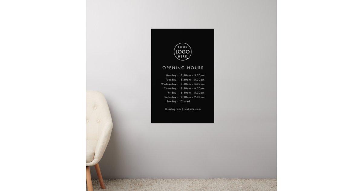 Opening Times | Business Logo Opening Hours Black Wall Decal | Zazzle