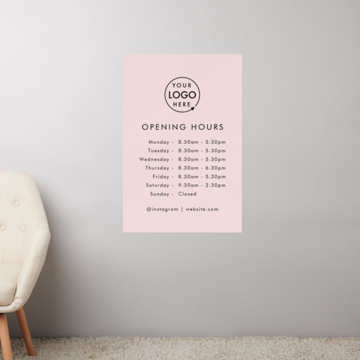 Opening Times | Business Logo Opening Hours Pink Wall Decal | Zazzle