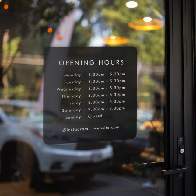 Opening Times | Business Opening Hours Black Window Cling | Zazzle