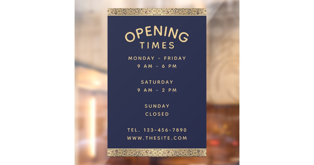 Opening Times Navy Blue Gold Roses Vintage Elegant Window Cling | Zazzle