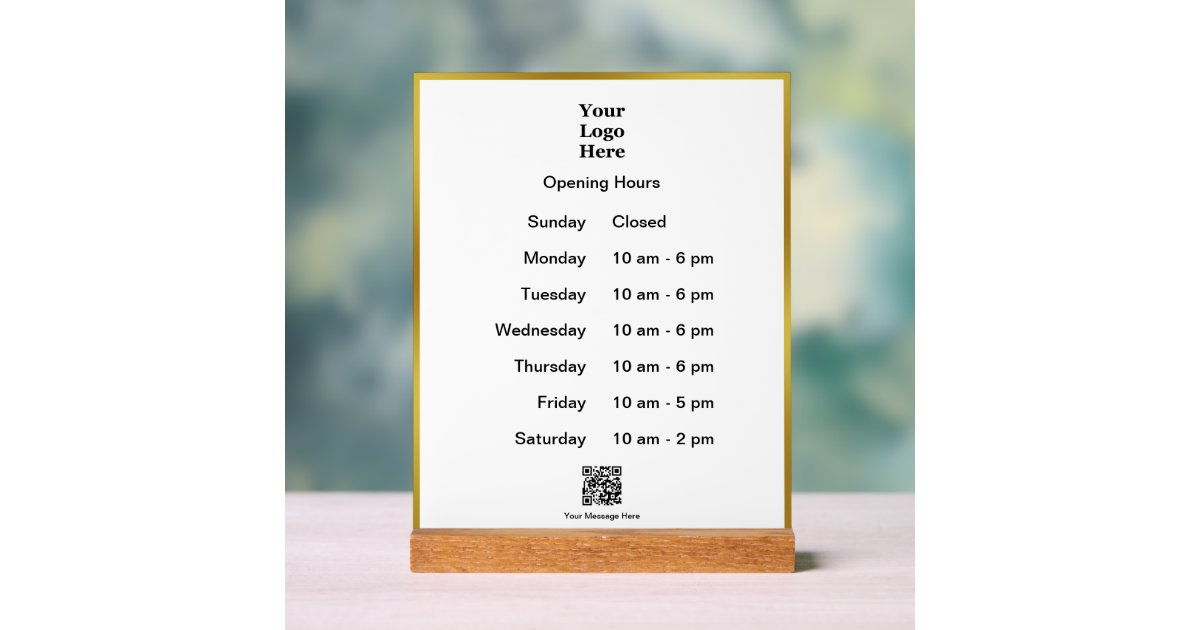 Opening Times White Gold Business Logo QR Code Acrylic Sign | Zazzle