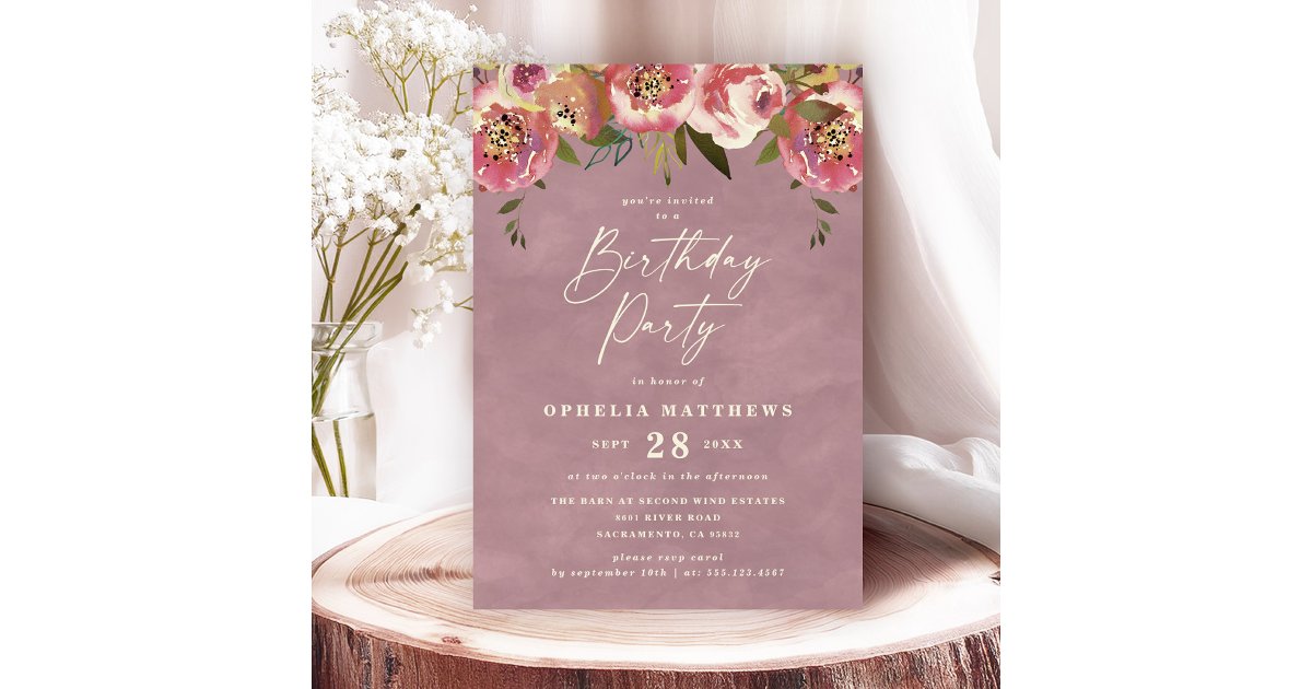 Ophelia Cottagecore Pink Floral Birthday Party Invitation | Zazzle