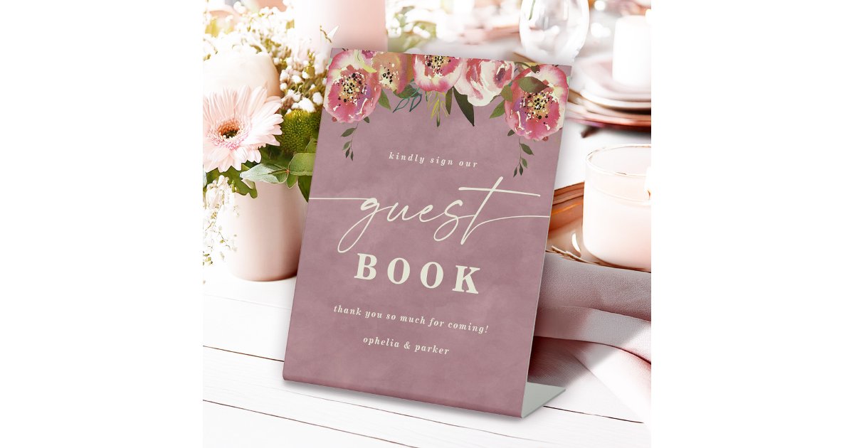 Ophelia Dusty Pink Floral Guest Book Wedding Pedestal Sign | Zazzle