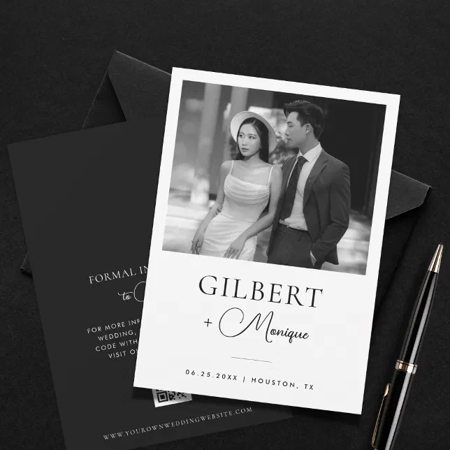 Opposite Fonts Black White Photo QR Code Wedding Save The Date | Zazzle