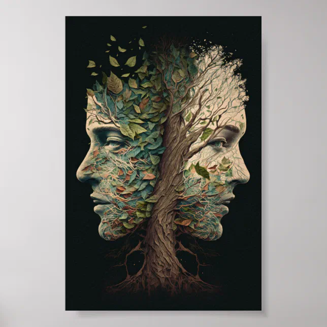 Optical Illusion Tree Faces With Leaves Blowing Poster | Zazzle