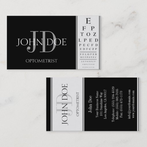 Optometrist Chart Black Business Card | Zazzle