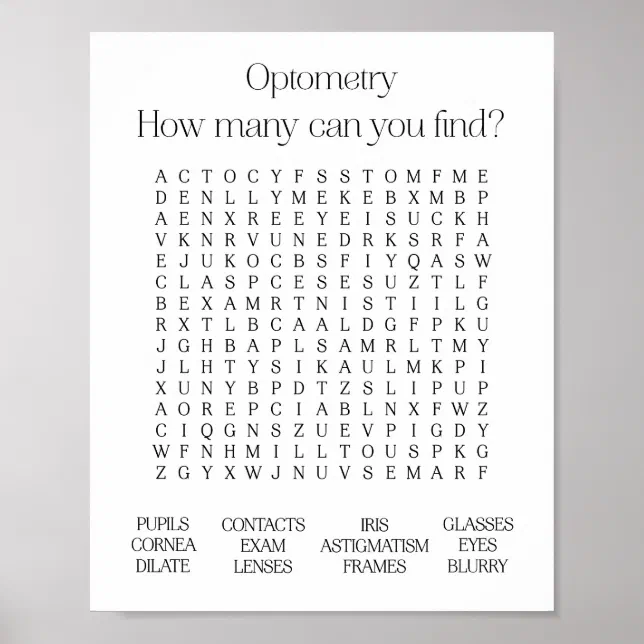 Optometry Office Themed Word Search Poster | Zazzle