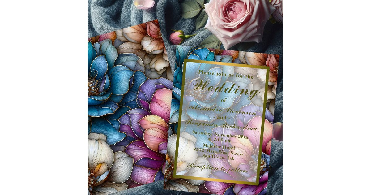 Opulent Blooms with Gold Outlines Wedding Invitation | Zazzle
